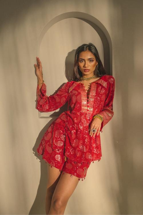 Buy Ruby Red Chickankari Shorts | Style Junkiie